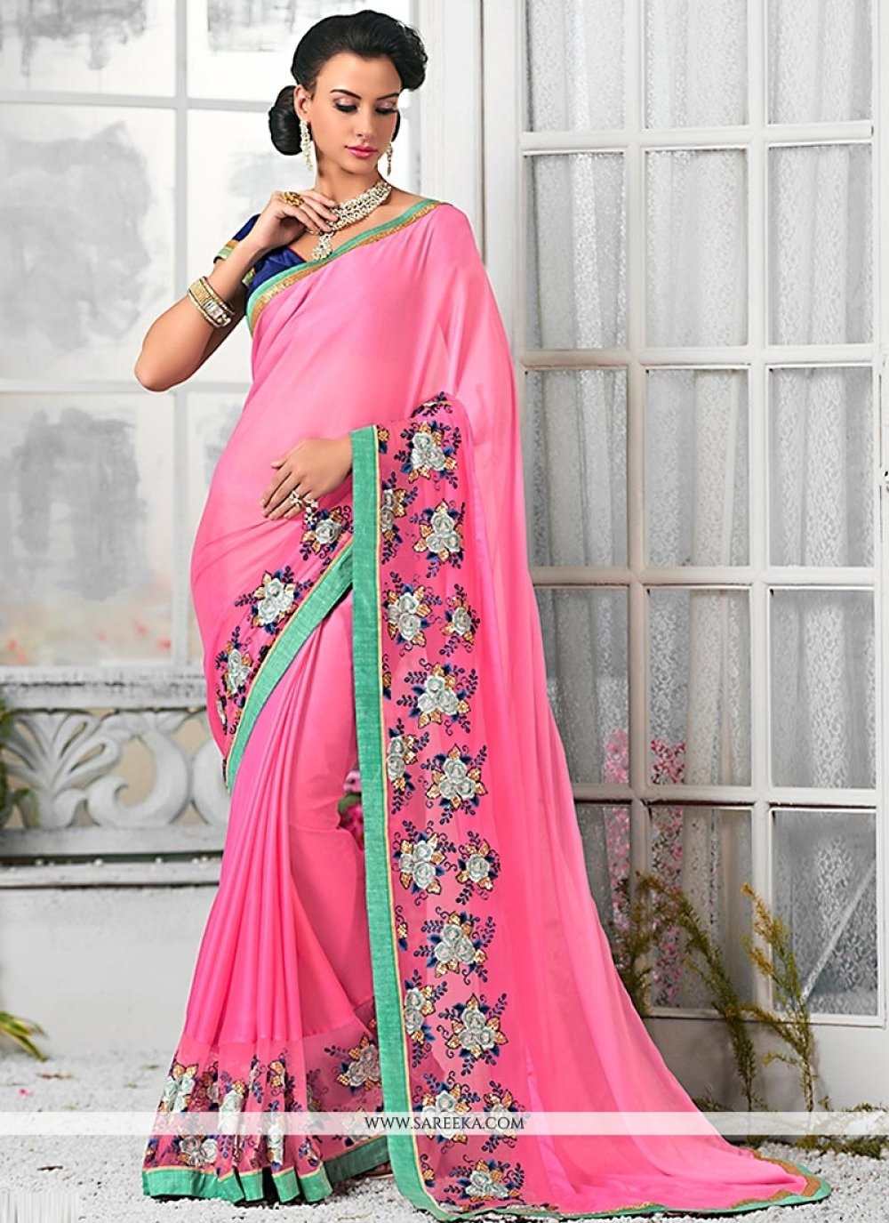 Buy Embroidered Work Pink Designer Saree Online : Fiji