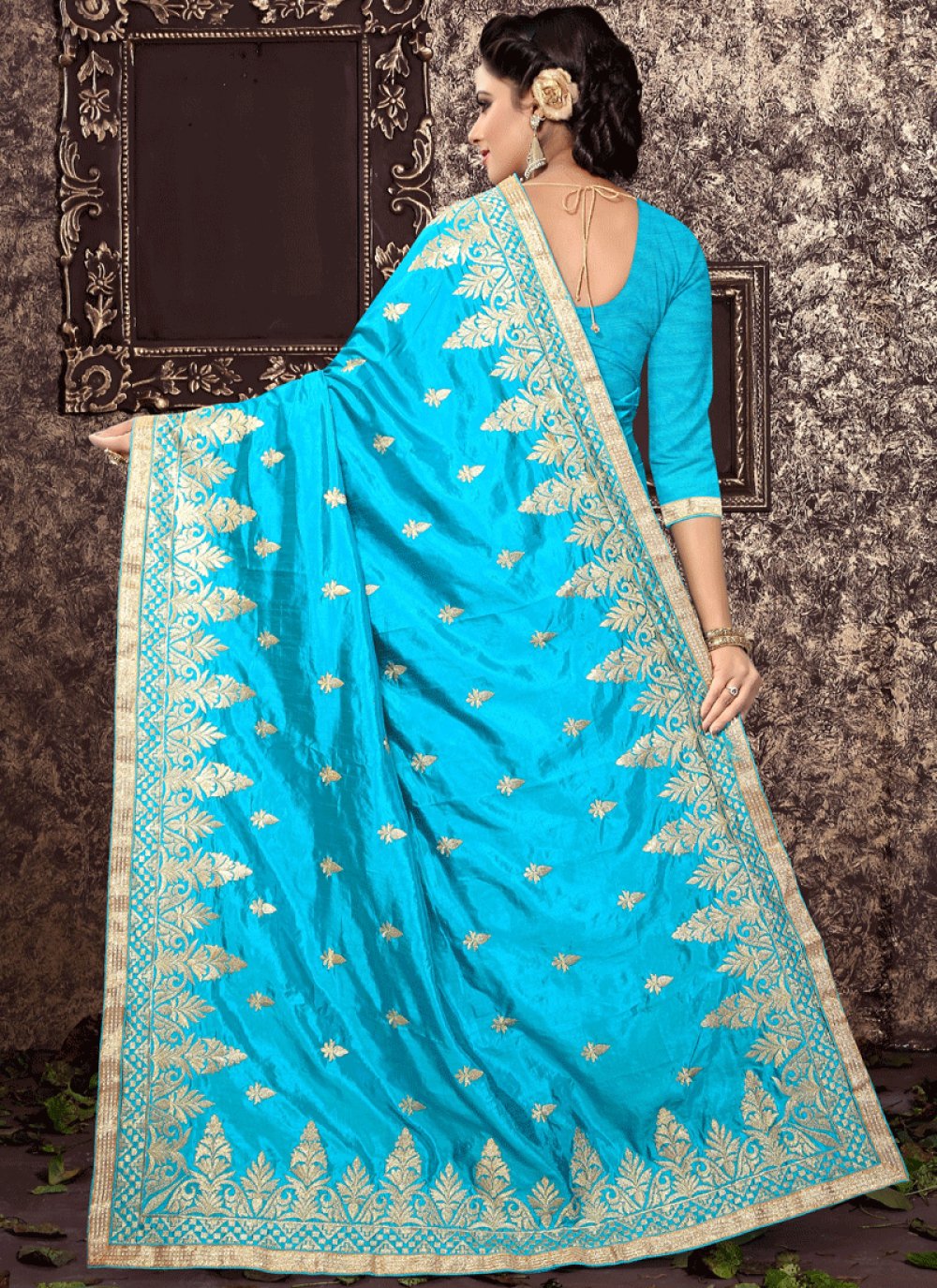 Buy Online Art Silk Turquoise Designer Traditional Saree : 61355