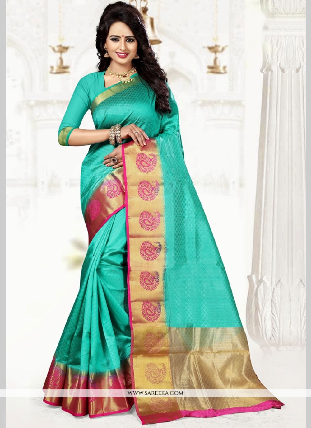 Buy Art Silk Sea Green Traditional Saree Online : Fiji