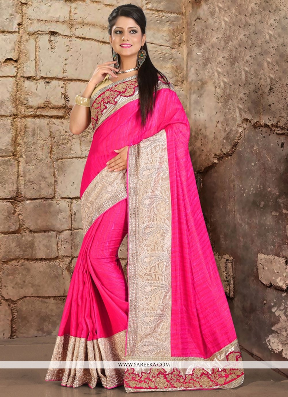 Buy Online Astonishing Hot Pink Embroidered Work Satin Classic Saree ...