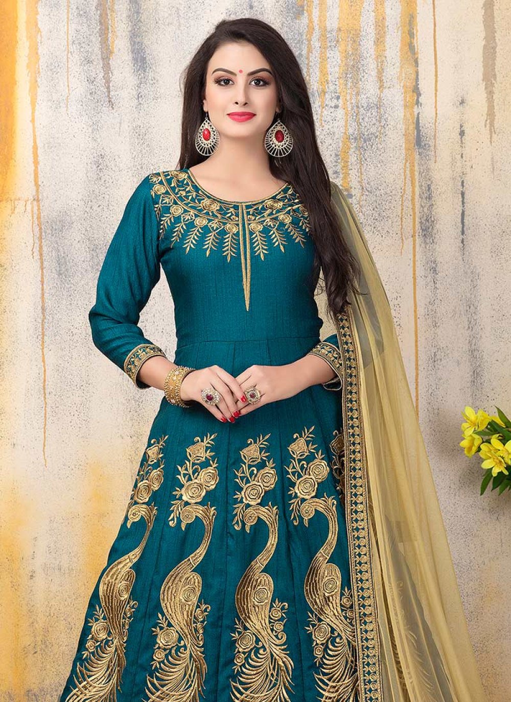 Buy Teal Designer Floor Length Suit Online : France