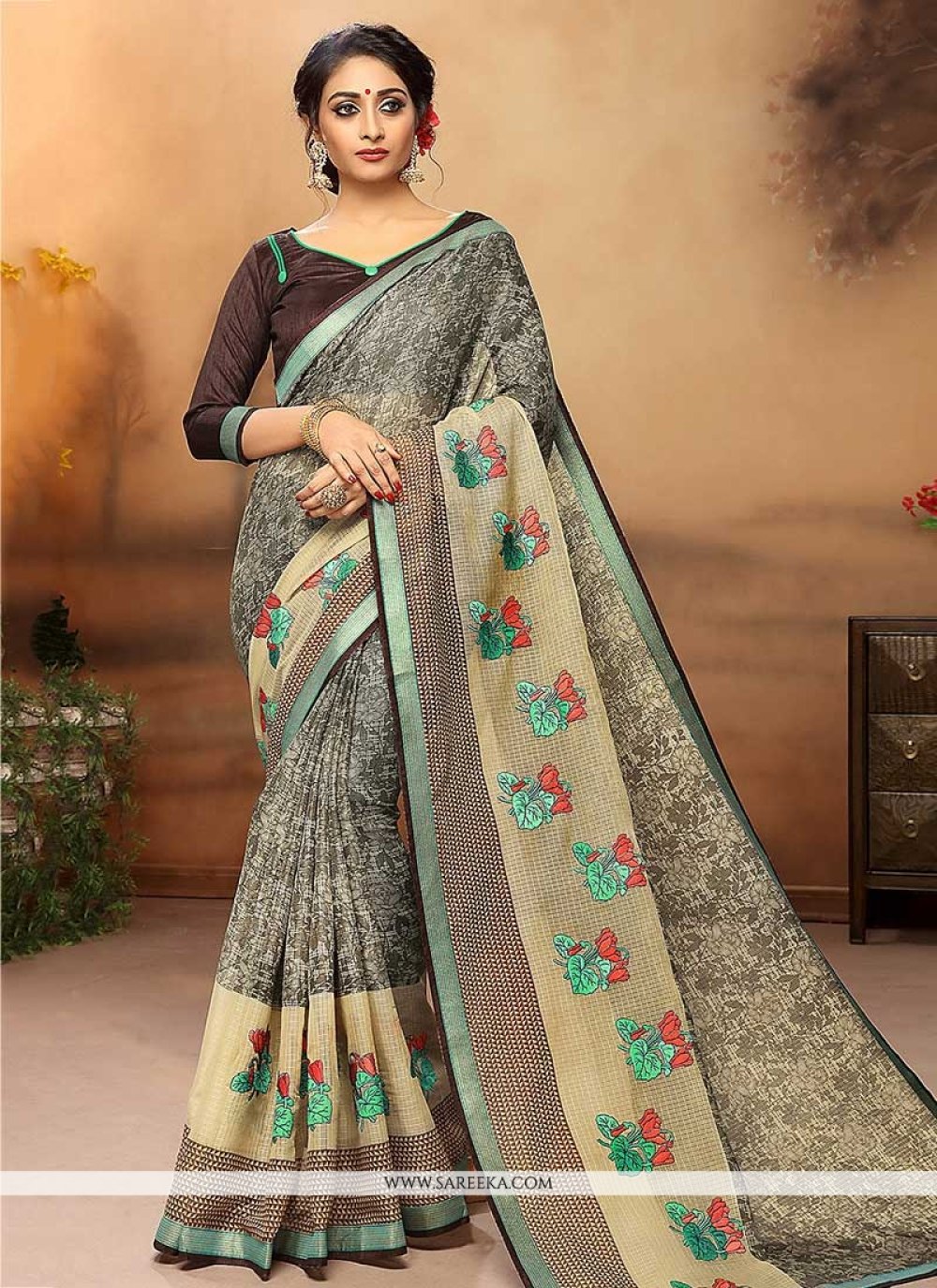 Buy Online Cotton Silk Resham Work Traditional Saree : 65903