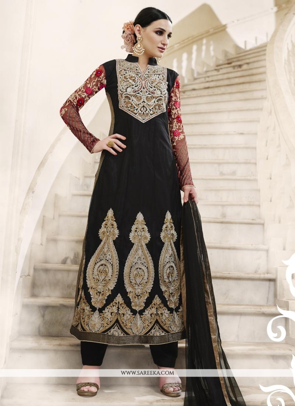 Buy Embroidered Net Designer Straight Suit in Black Online : USA, UK