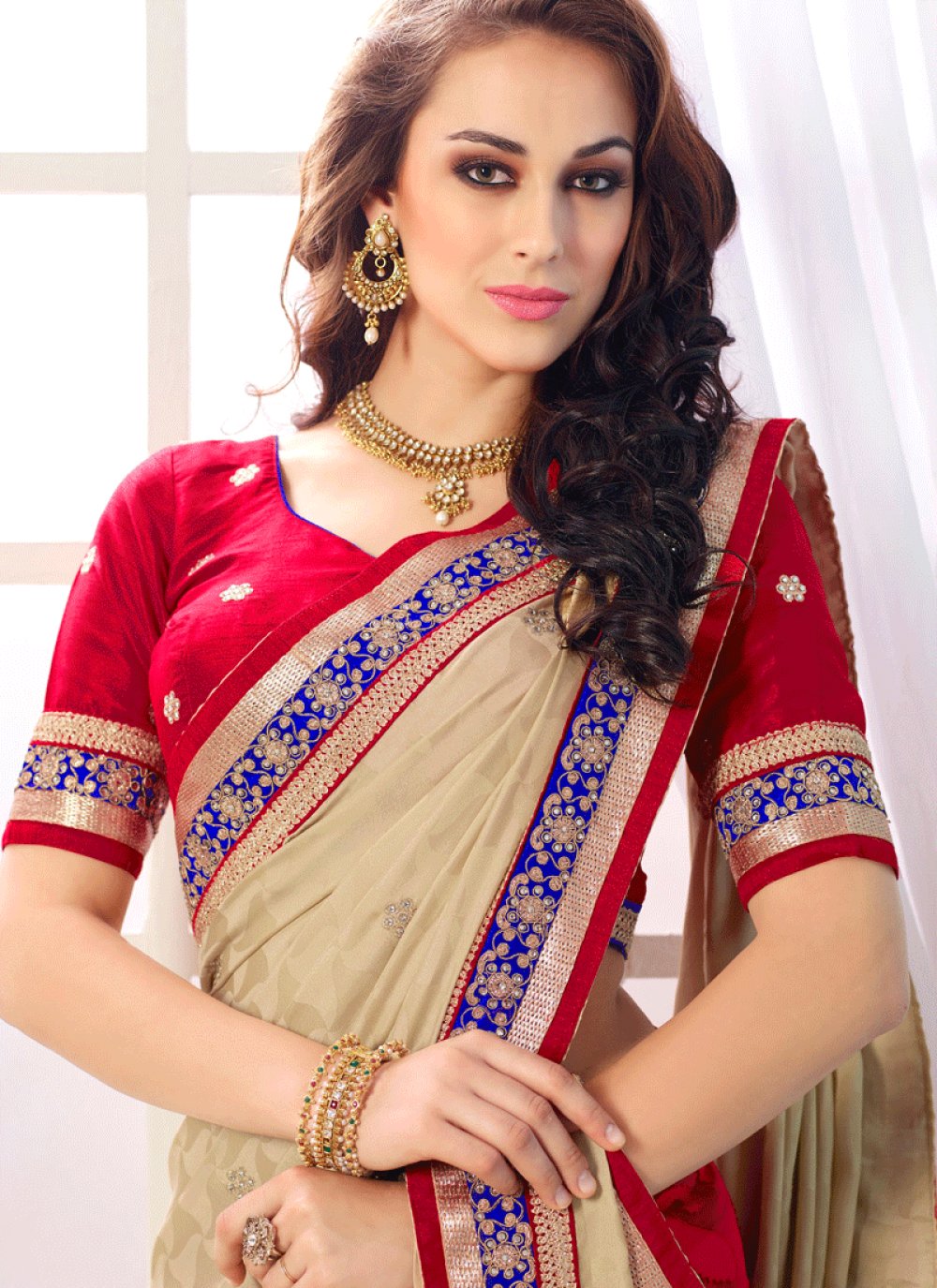 Buy Embroidered Satin Half N Half Designer Saree in Beige and Red : 64985