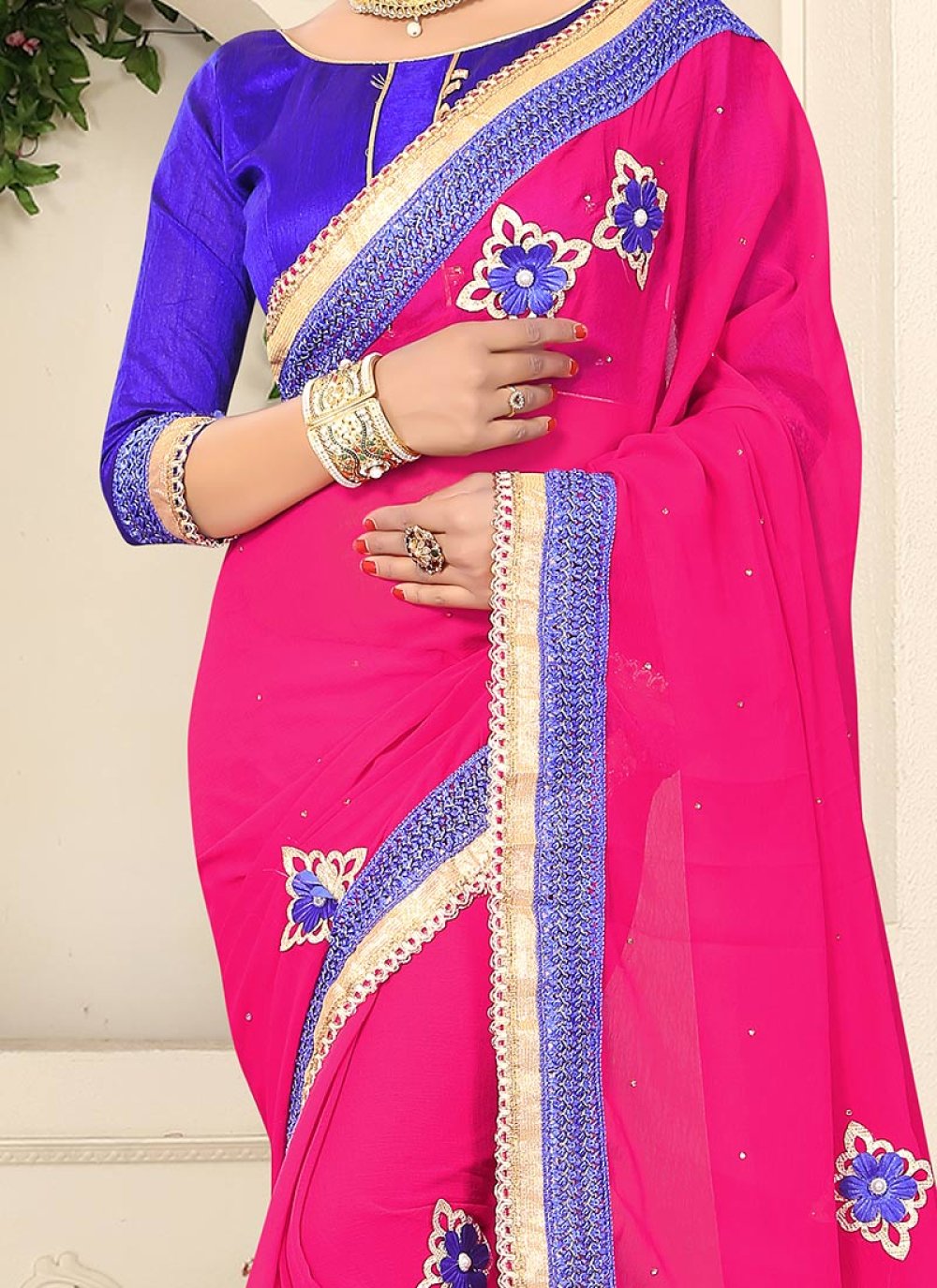 Buy Online Embroidered Work Hot Pink Classic Saree : 66110