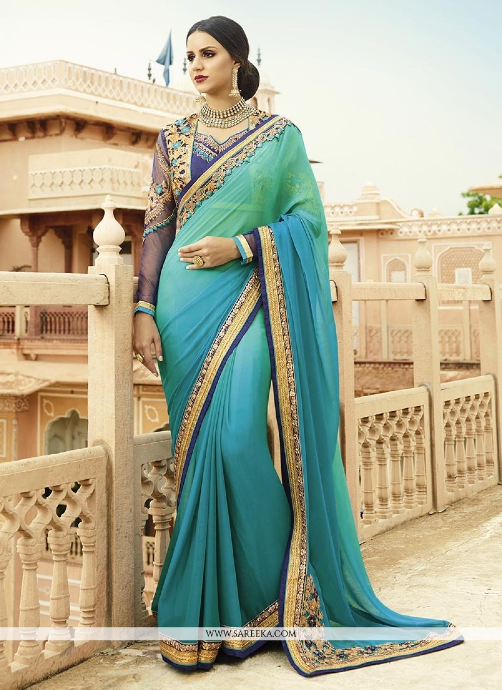 Buy Fancy Fabric Blue Shaded Saree Online