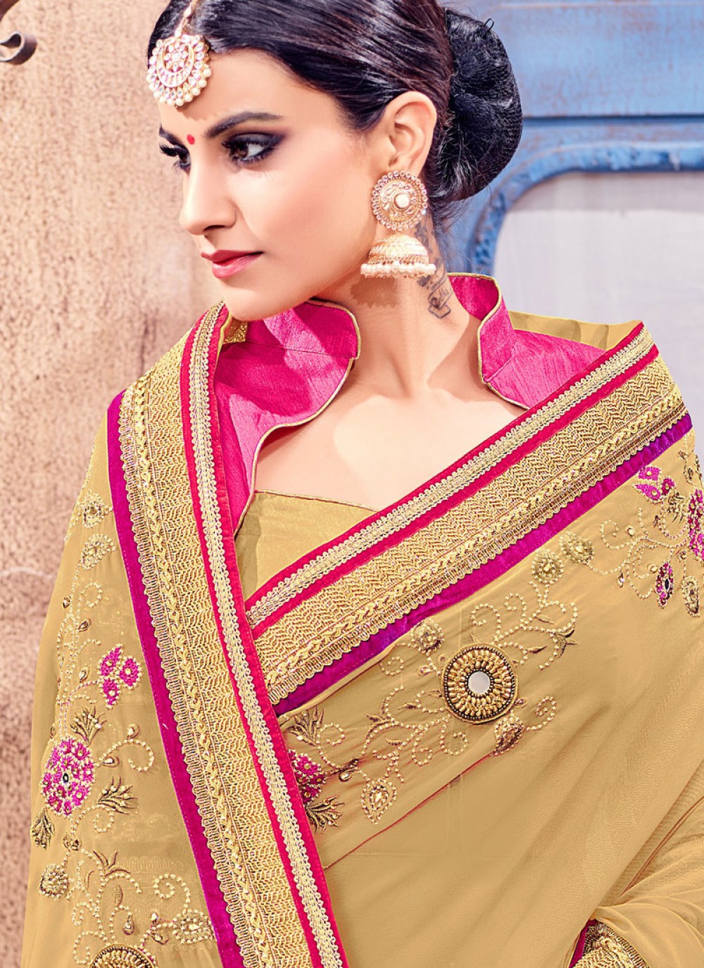 Buy Mustard Patch Border Work Fancy Fabric Classic Saree Online : USA