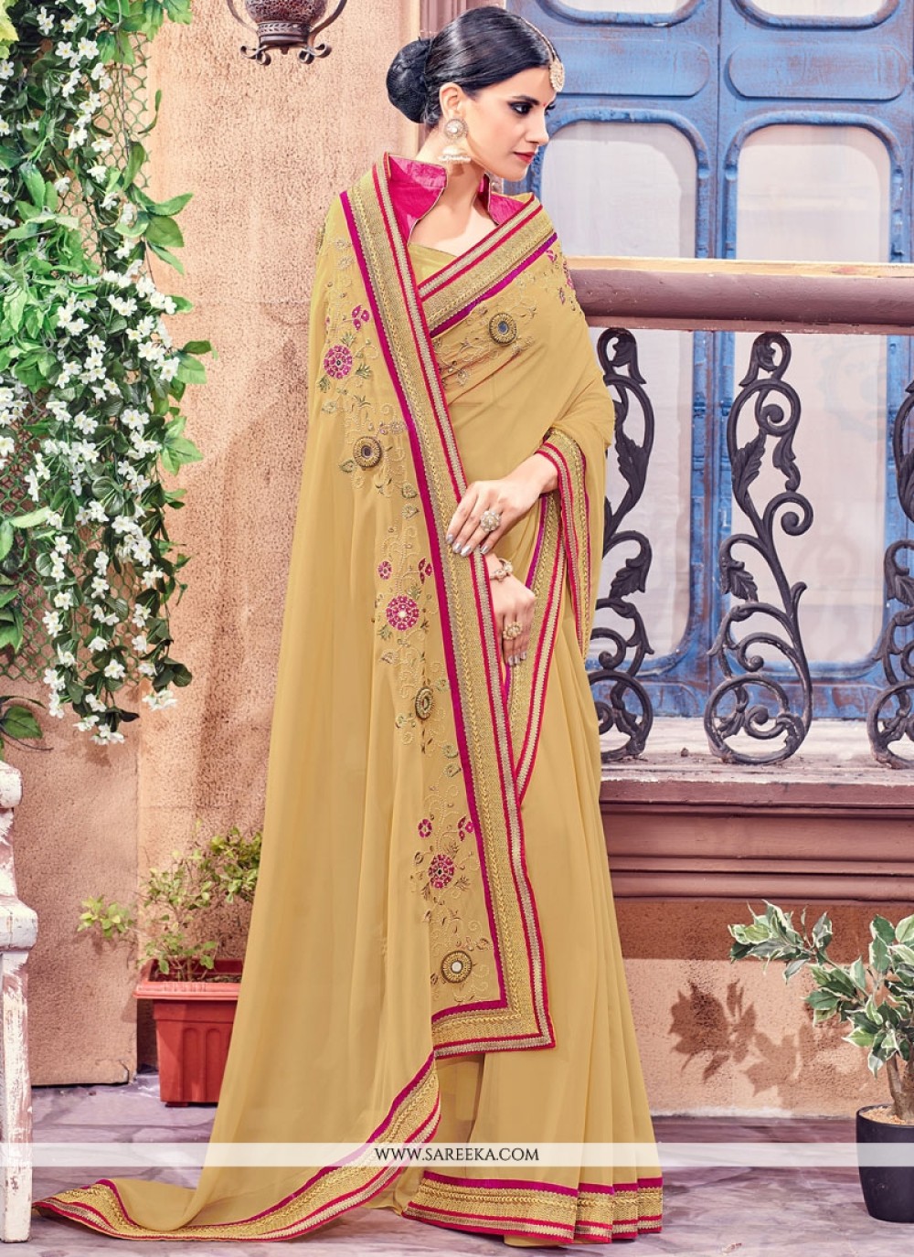 Buy Mustard Patch Border Work Fancy Fabric Classic Saree Online : USA