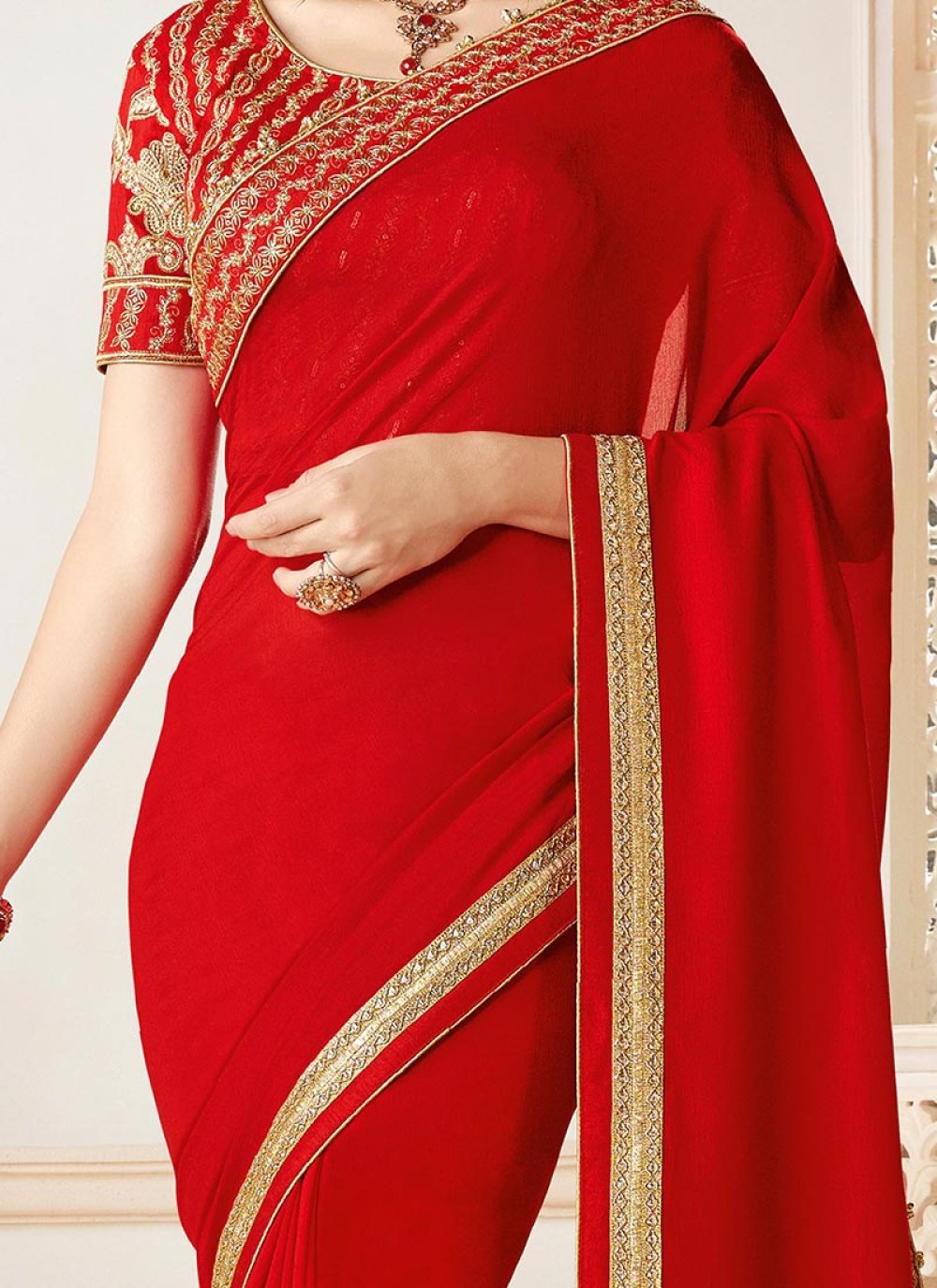Shop Online Lace Work Faux Georgette Classic Designer Saree : 63195