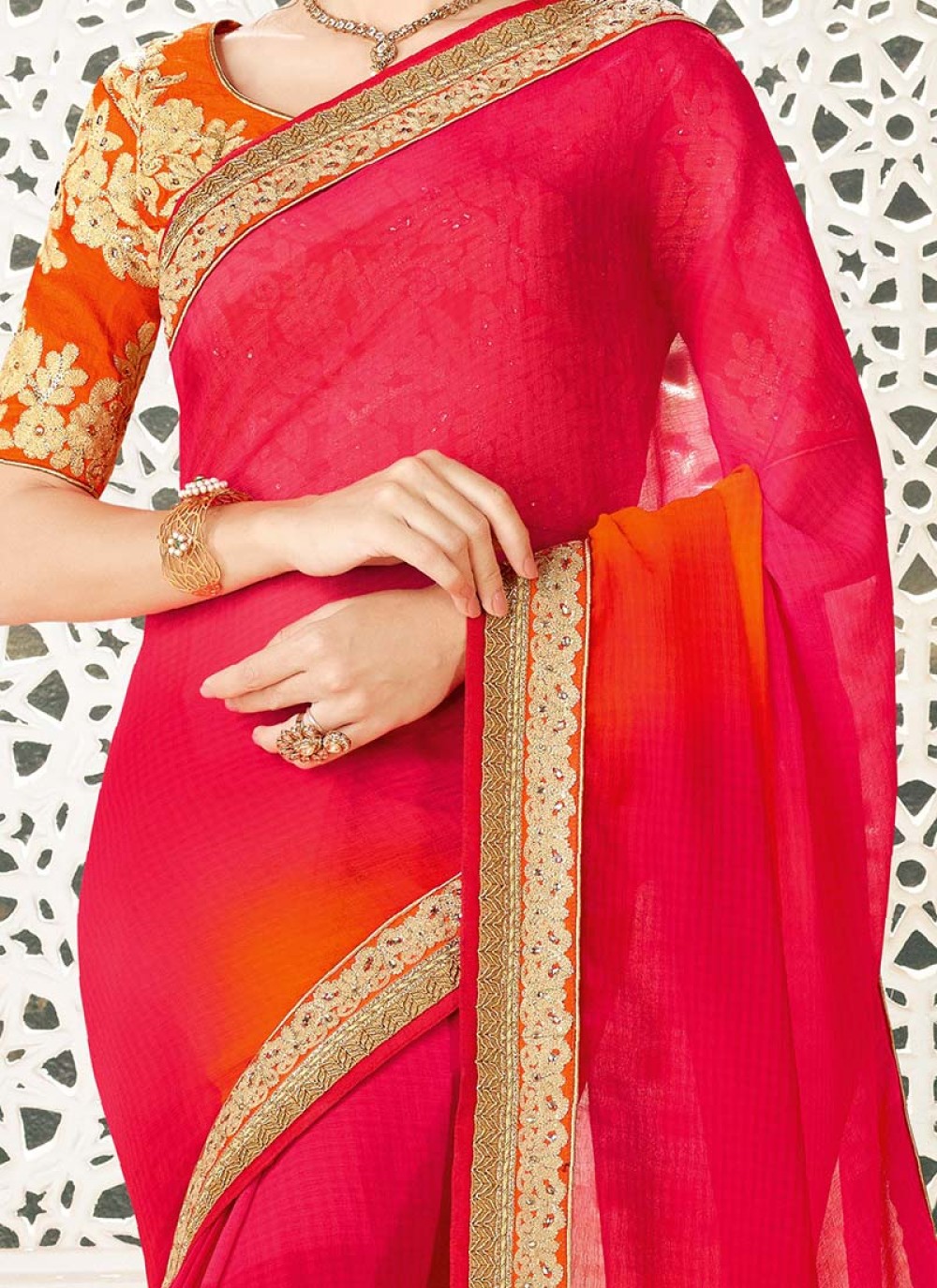 Shop Online Lace Work Hot Pink Shaded Saree : 63202