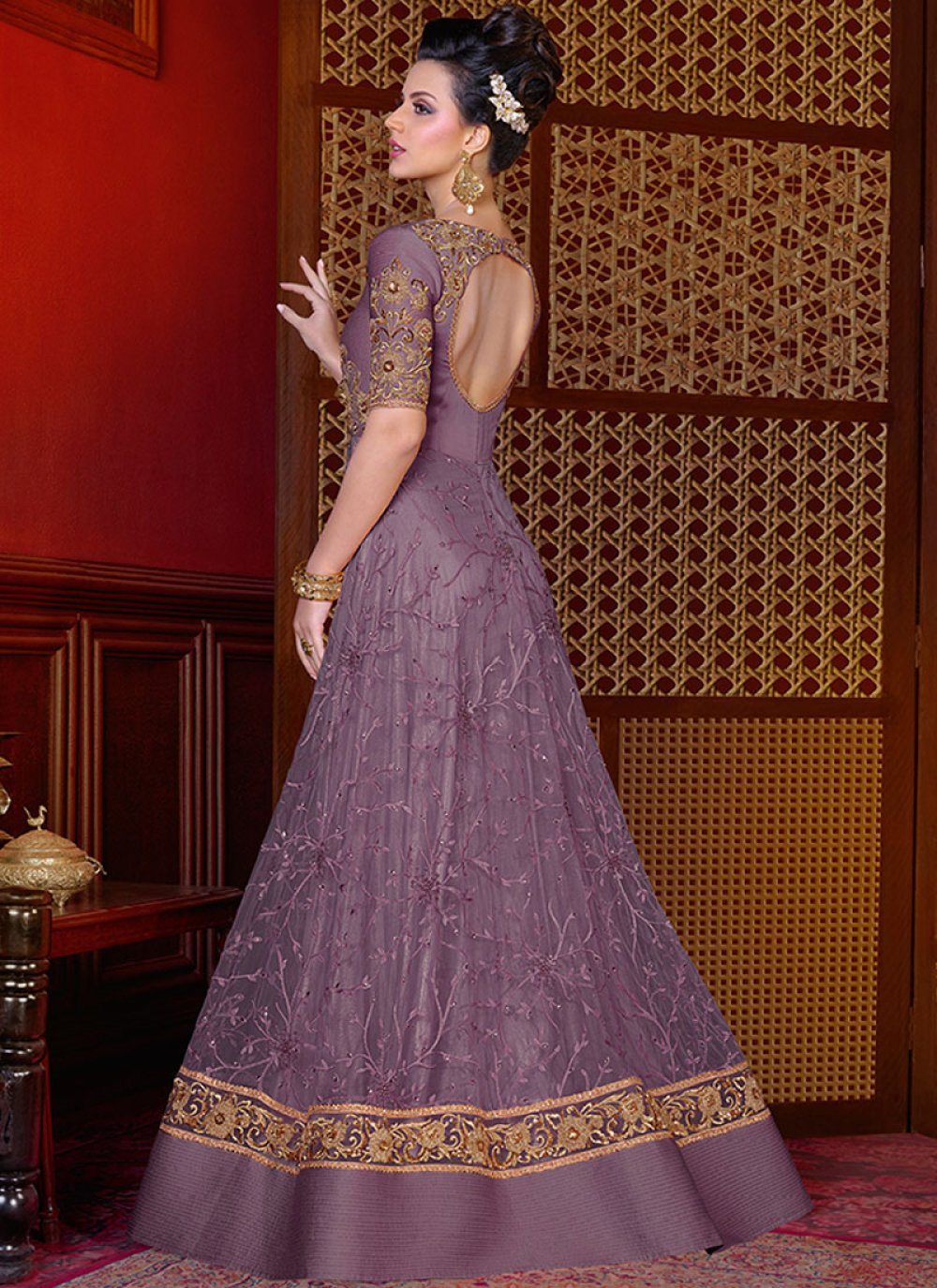 Shop Lavender Lace Work Net Floor Length Anarkali Suit Online : 67519