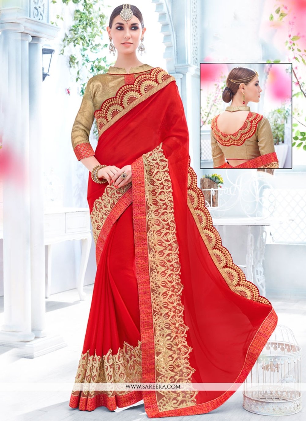Buy Faux Chiffon Embroidered Work Classic Saree Online : 56867