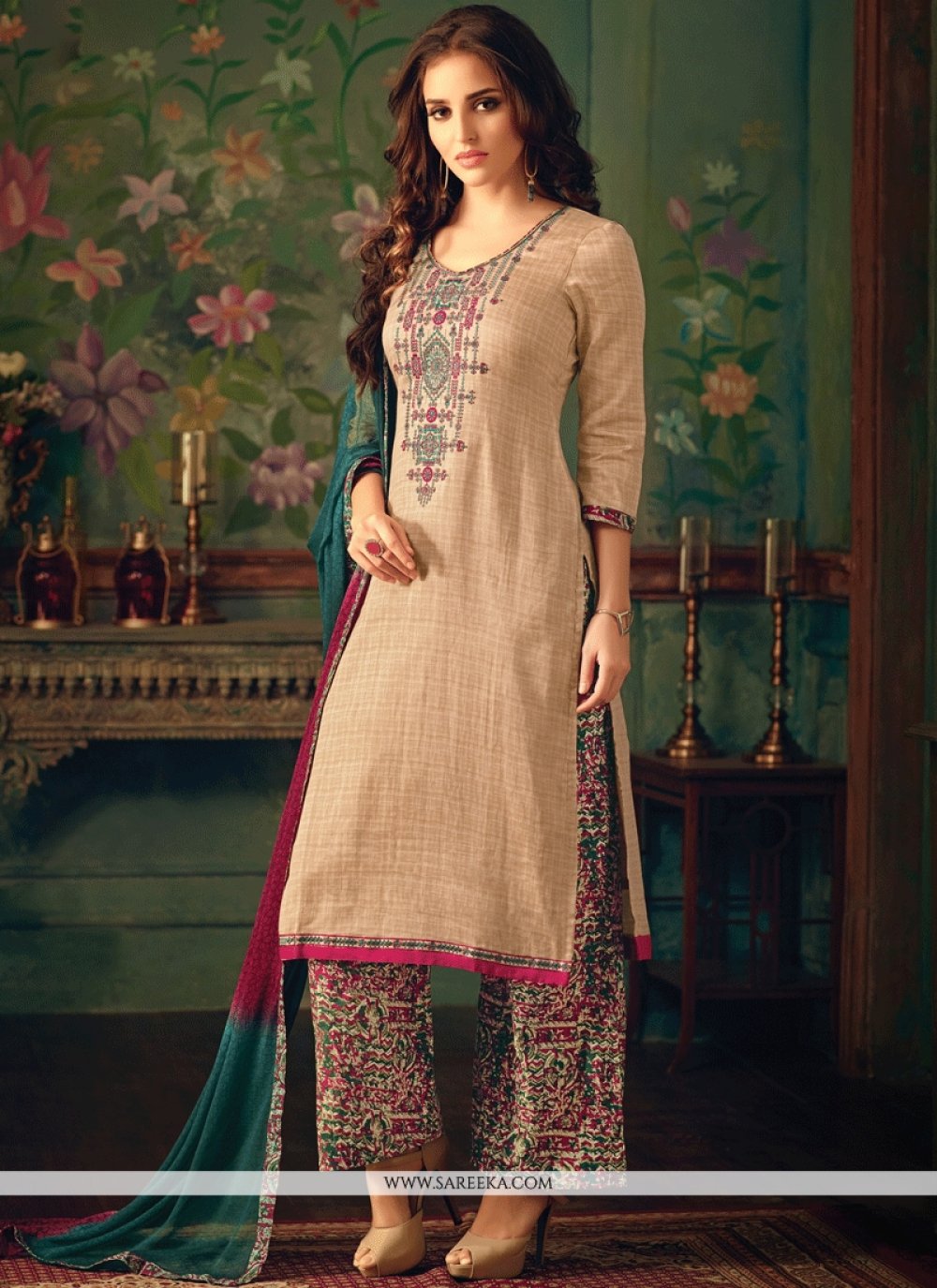 Buy Multi Colour Cotton Designer Palazzo Suit : 64564