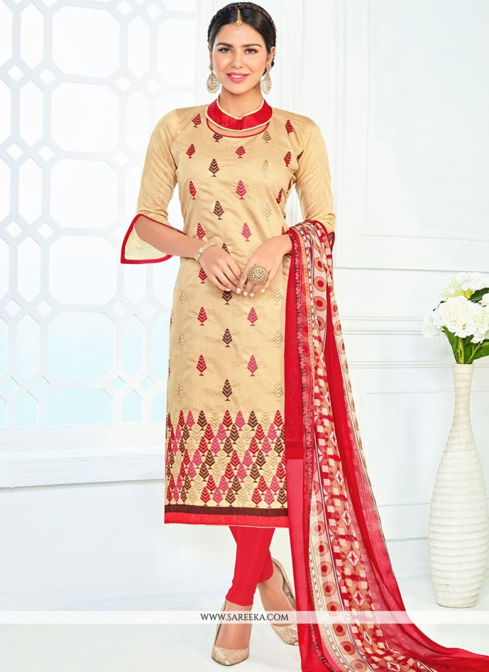 Buy Chanderi Beige and Red Churidar Suit Online : Indian Ethnic Wear