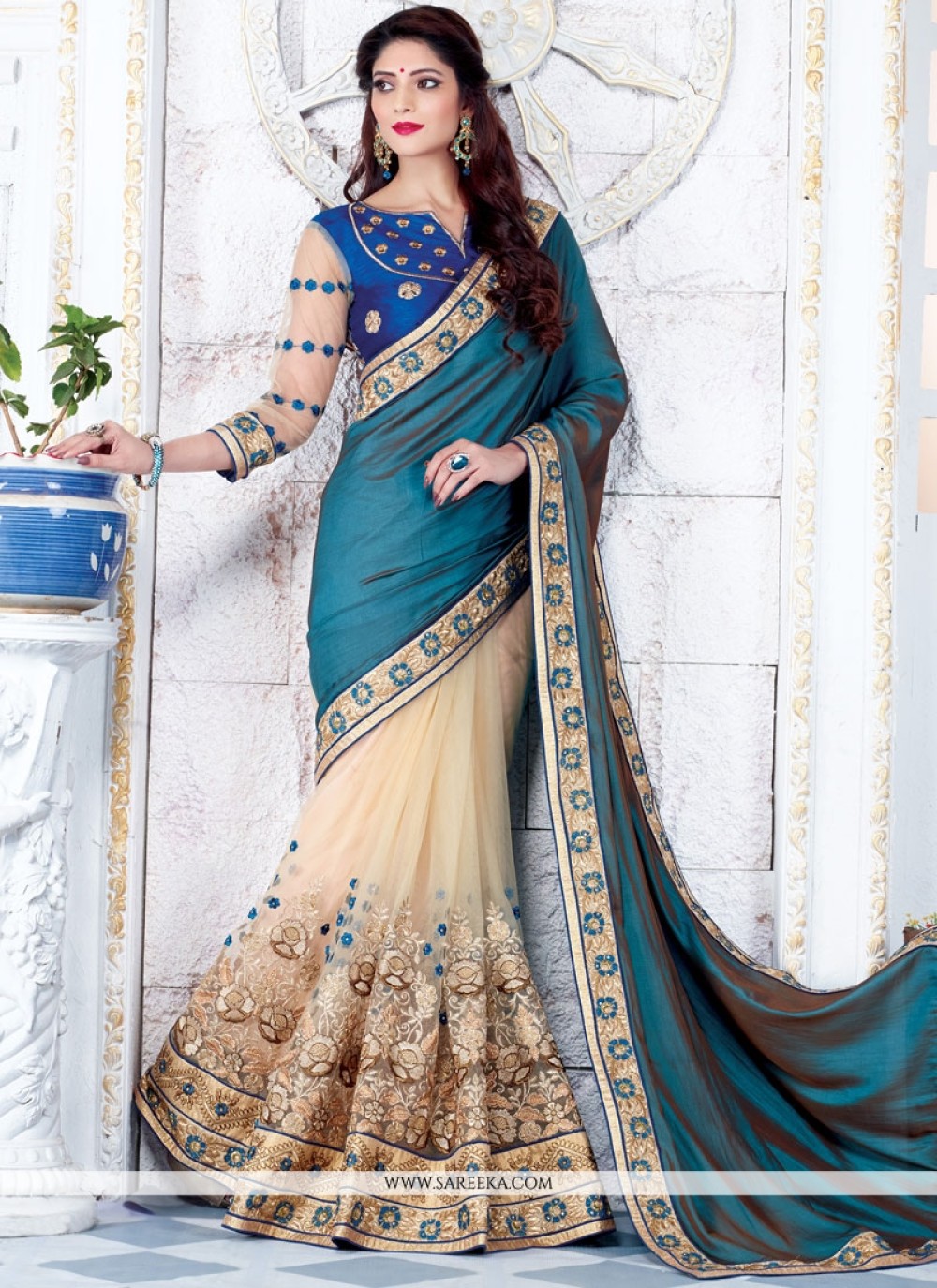 Buy Patch Border Work Beige and Blue Art Silk Half N Half Designer ...