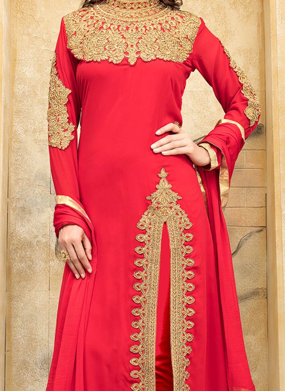 Red Embroidered Work Faux Georgette Designer Suit buy online