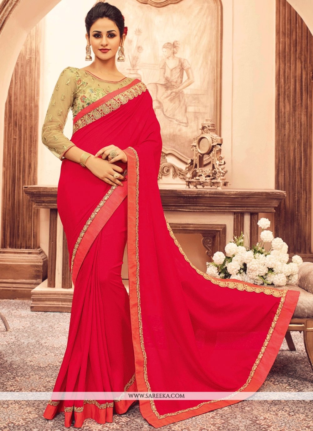 Satin Patch Border Work Classic Saree buy online