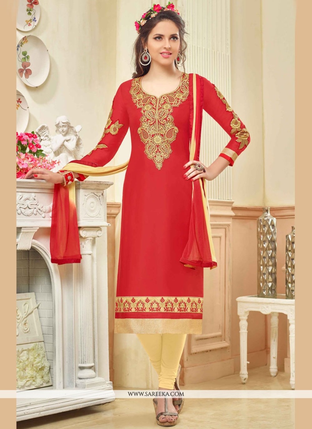 Buy Cotton Red Churidar Suit Online : India