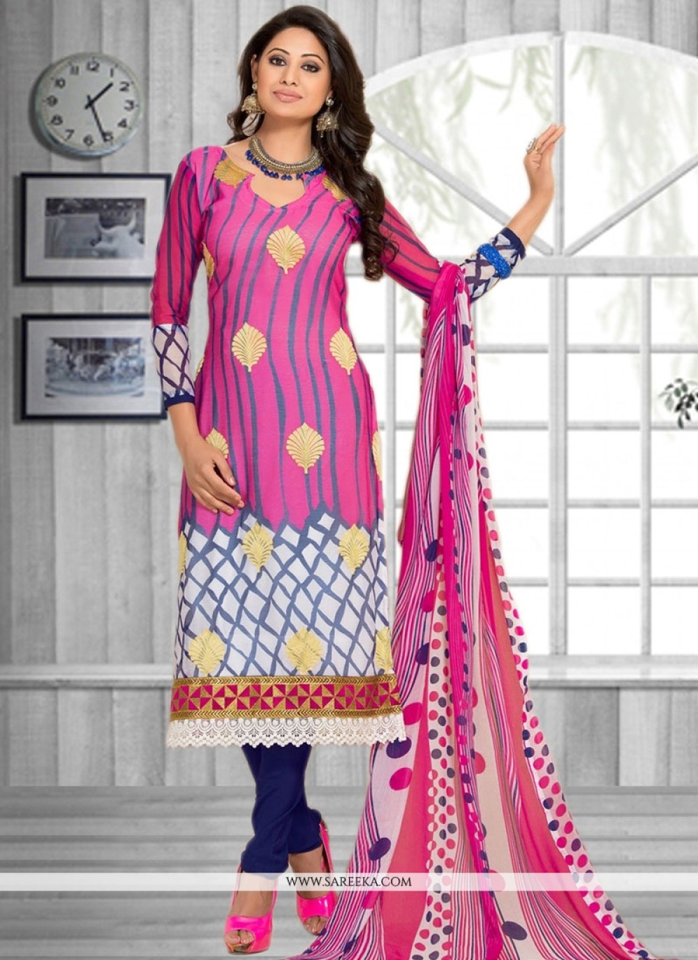 Buy Faux Chiffon Pink Churidar Suit Online at lowest price