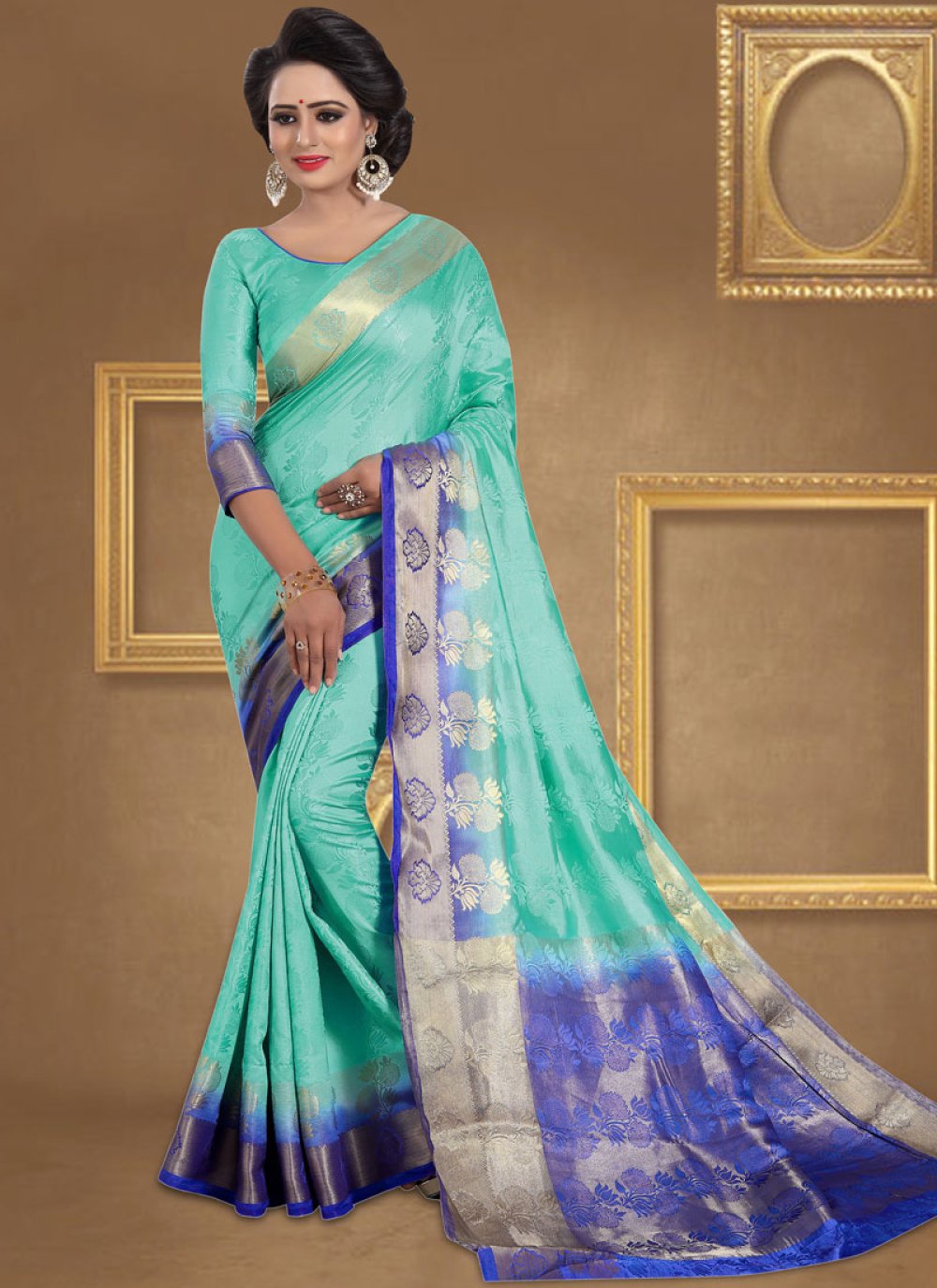 Buy Blue and Sea Green woven Work Traditional Saree Online : 79090
