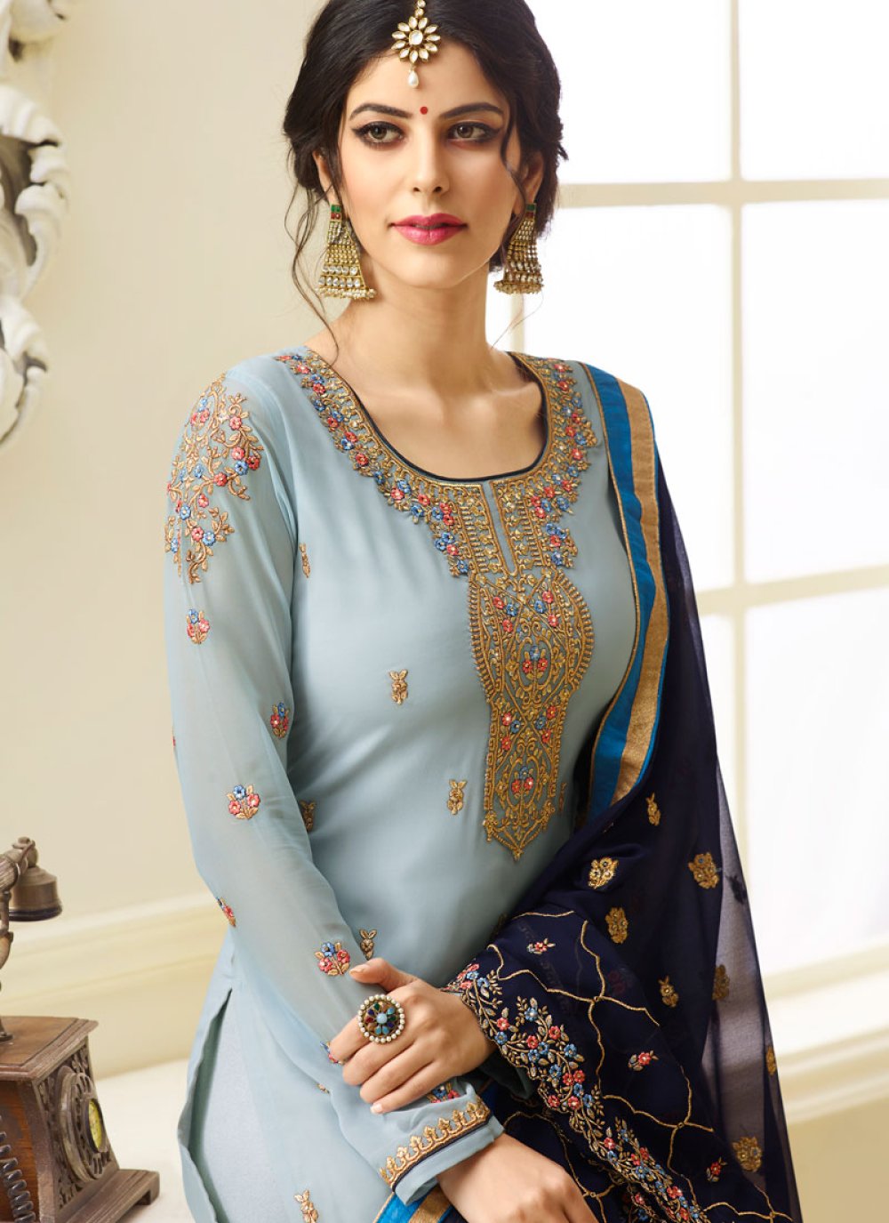 Buy Blue Faux Georgette Churidar Suit Online