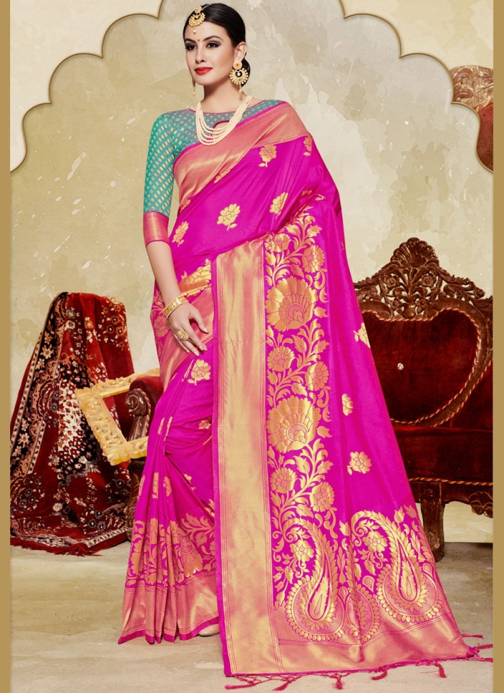 Classy Pink Color Printed Silk Saree