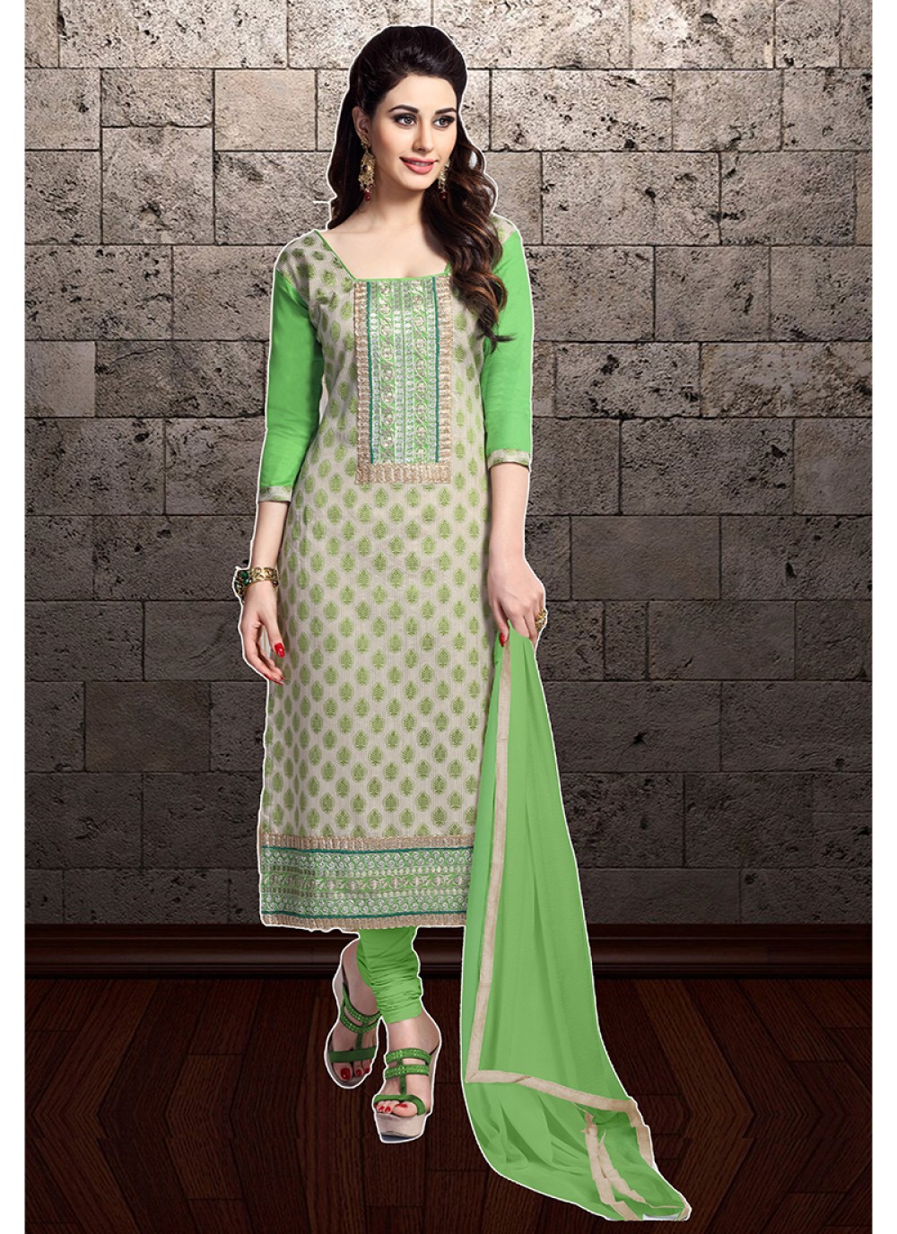 Shop Online Cotton Embroidered Designer Straight Suit in Green : 92177