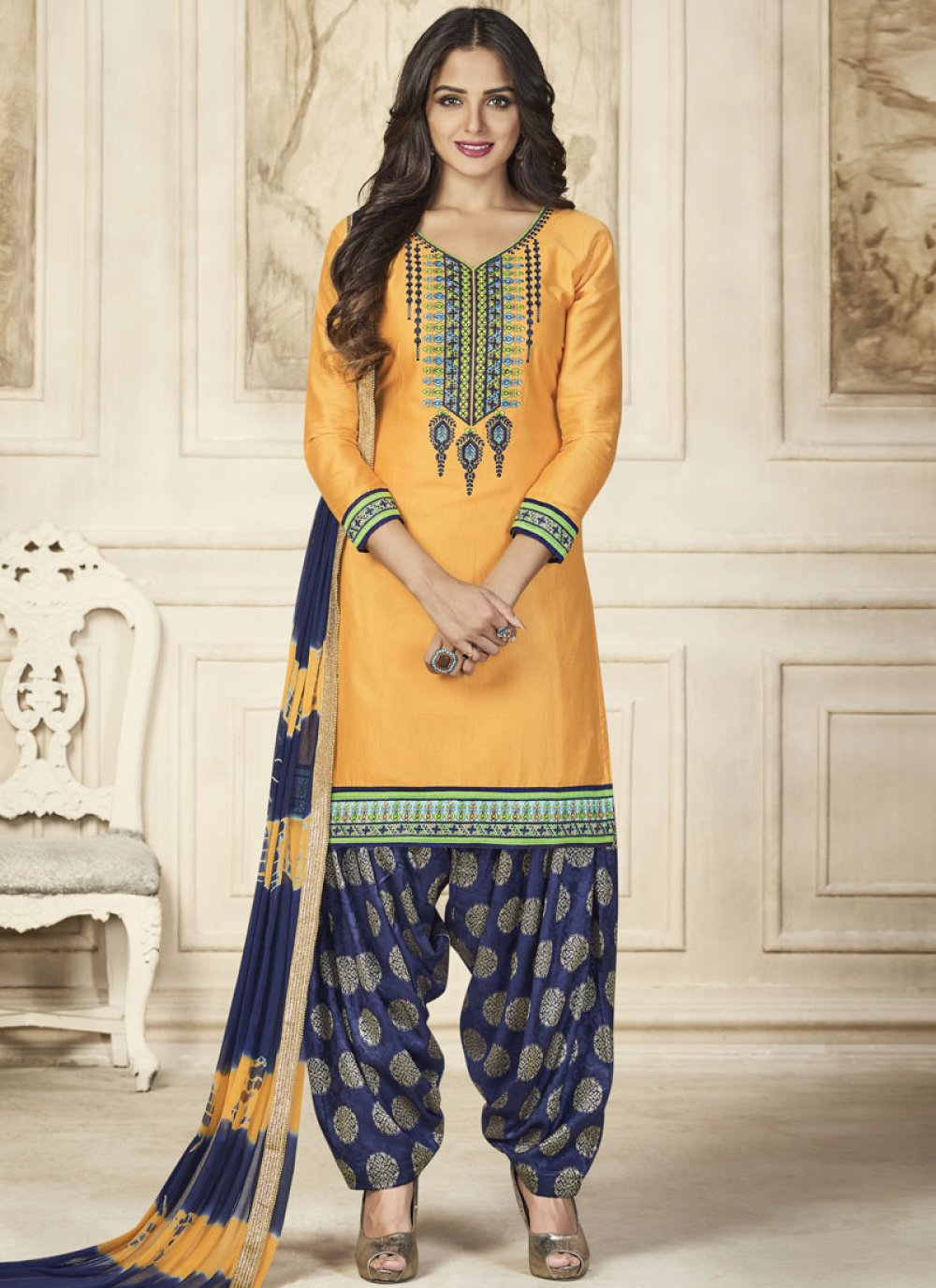 Buy Cotton Orange Designer Patiala Suit : 82379