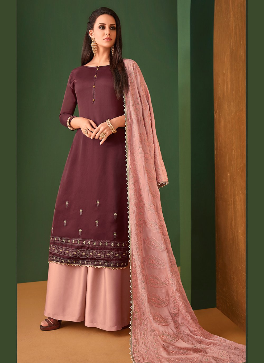 Buy Designer Palazzo Suit Embroidered Satin in Wine : 92960