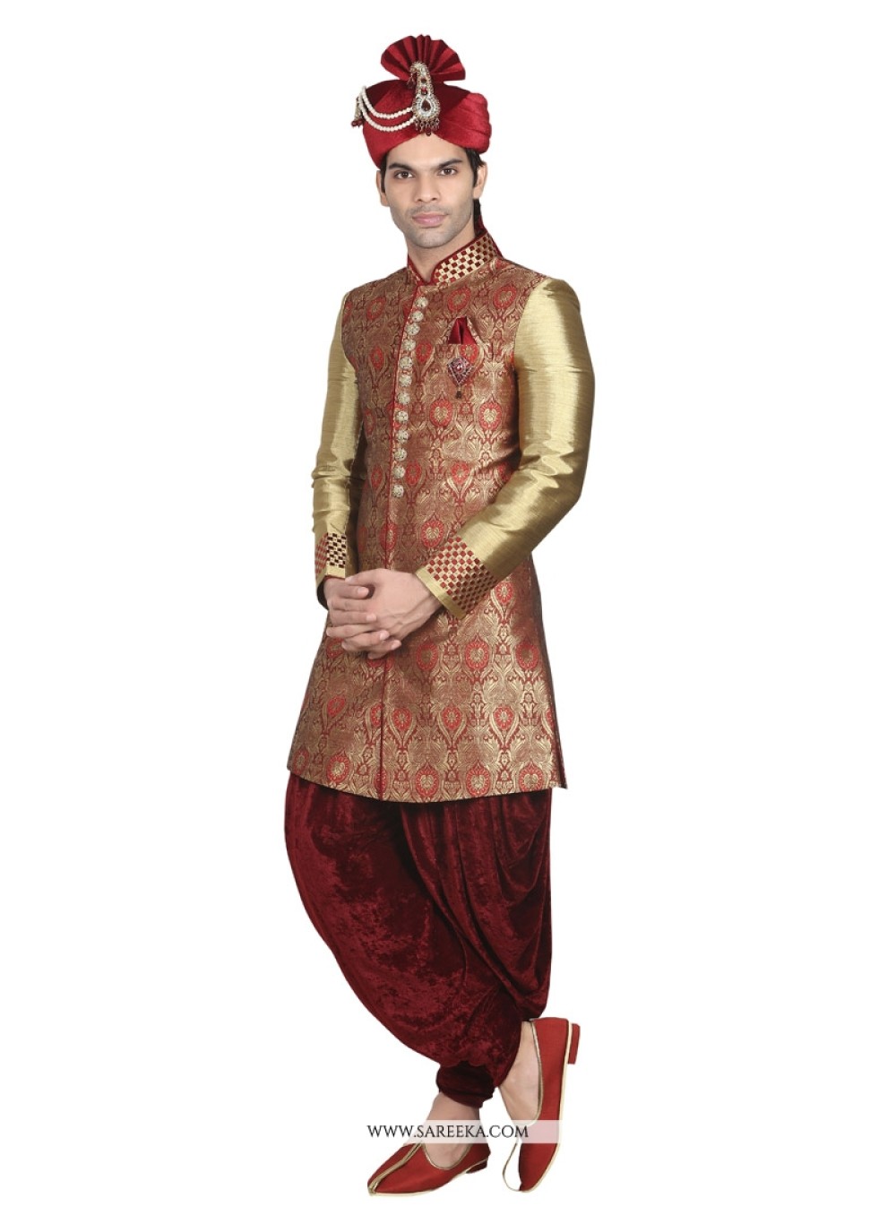 Buy Embroidered Work Jamawar Silk Maroon Sherwani : 76751
