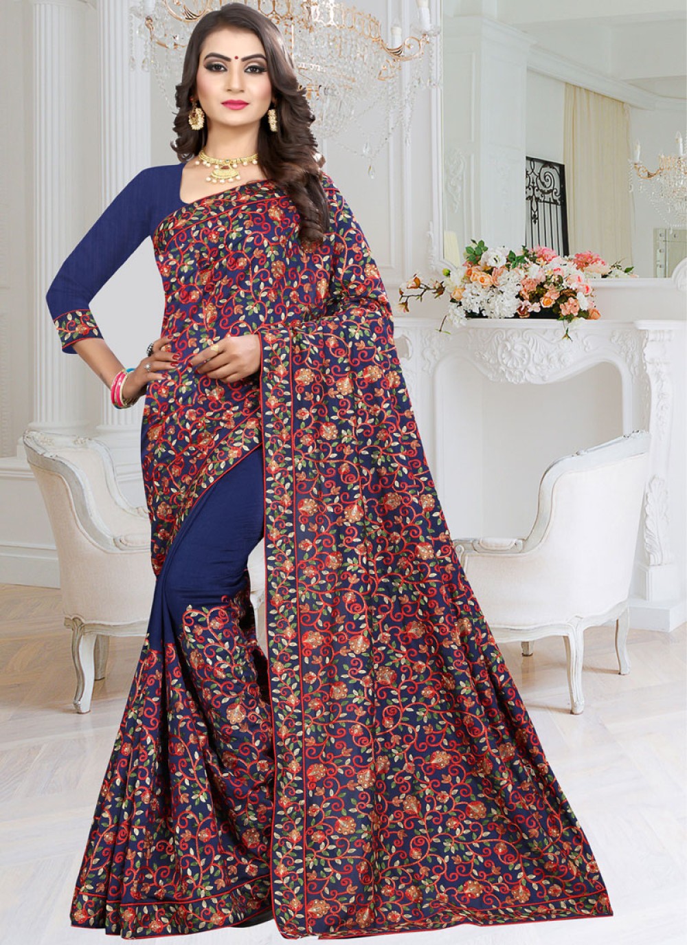 Shop Fancy Fabric Navy Blue Designer Saree Online : 95230