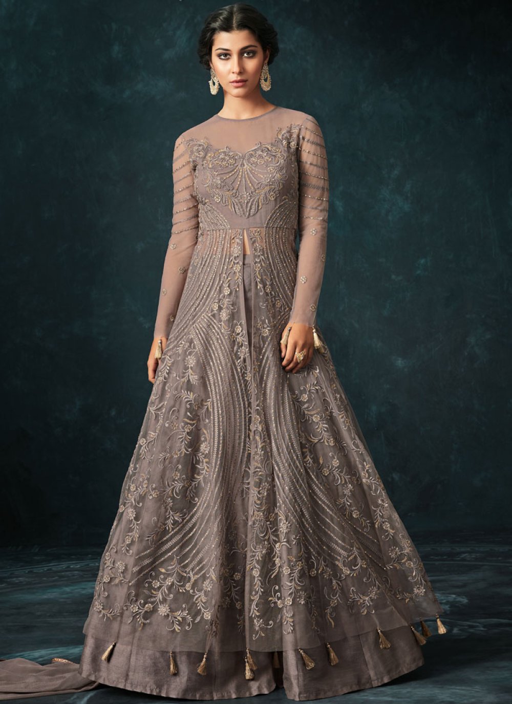 Buy Grey Long Choli Lehenga Online : 90010