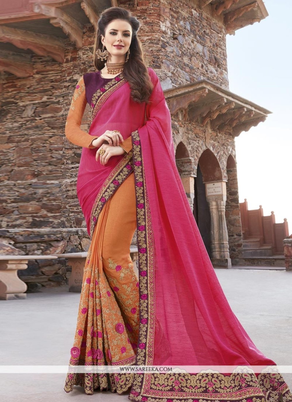 Buy Hot Pink and Orange Embroidered Work Designer Half N Half Saree ...