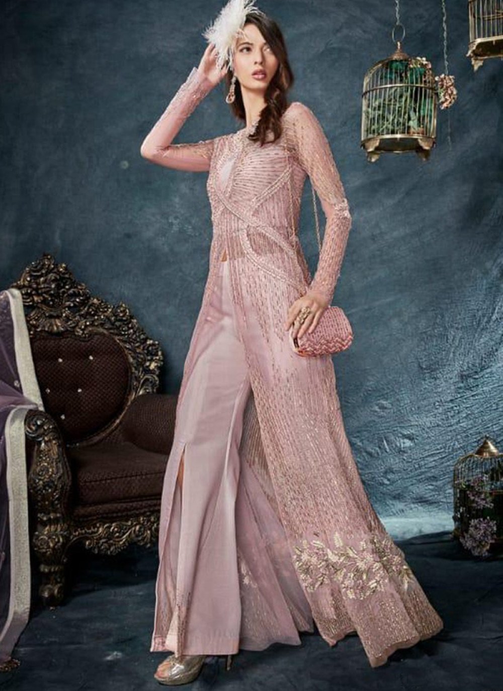 Shop Lavender Net Designer Suit Online : 92758