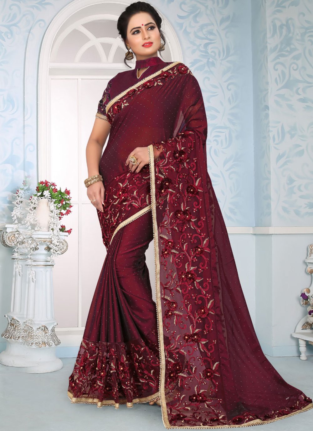 Shop Online Maroon Art Silk Lace Designer Traditional Saree : 97247