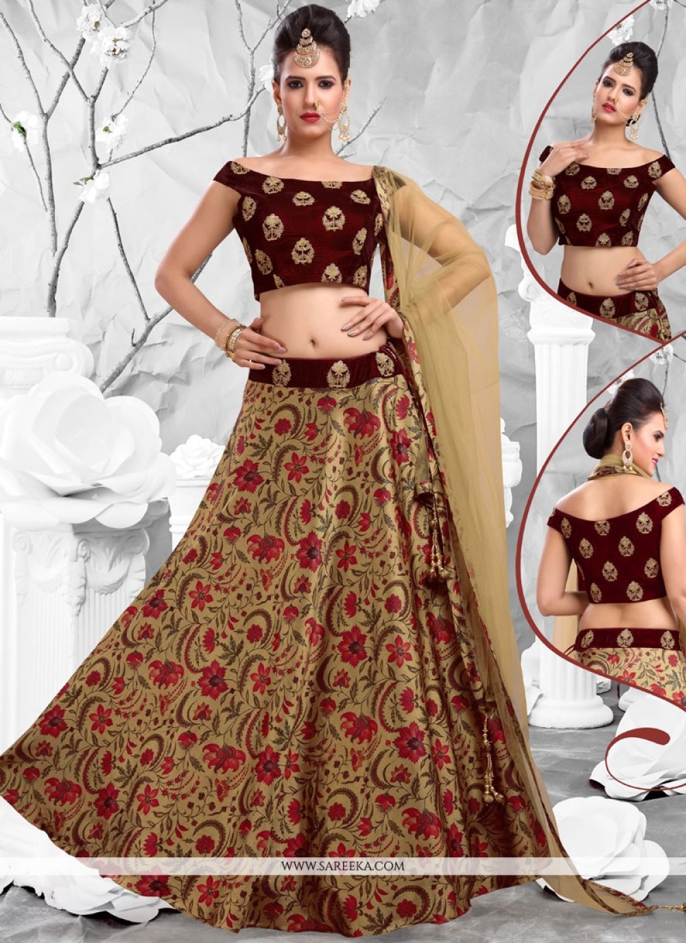 Buy Maroon Satin Lehenga Choli : 72827