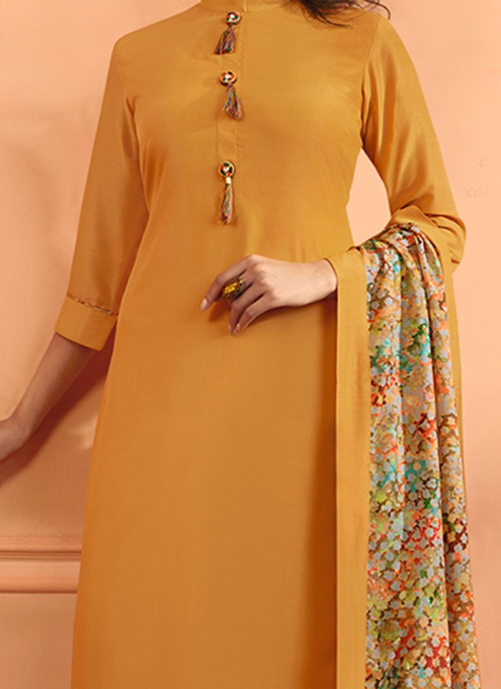 Buy Mustard Print Work Readymade Suit : 85238