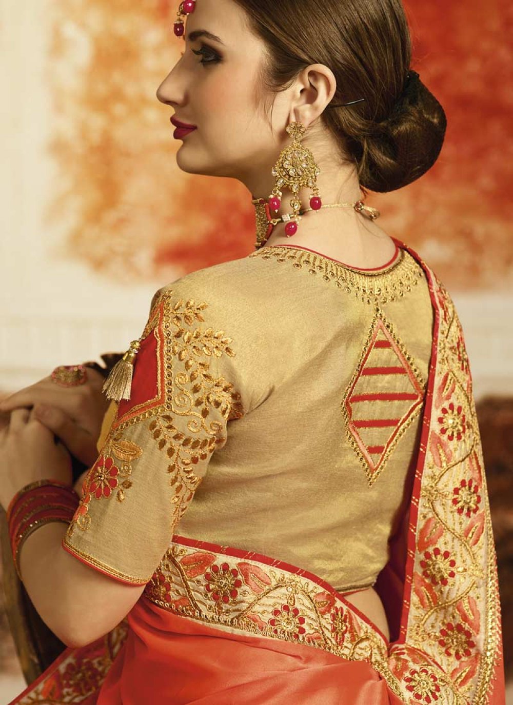 Buy Orange and Pink Embroidered Work Art Silk Shaded Saree Online