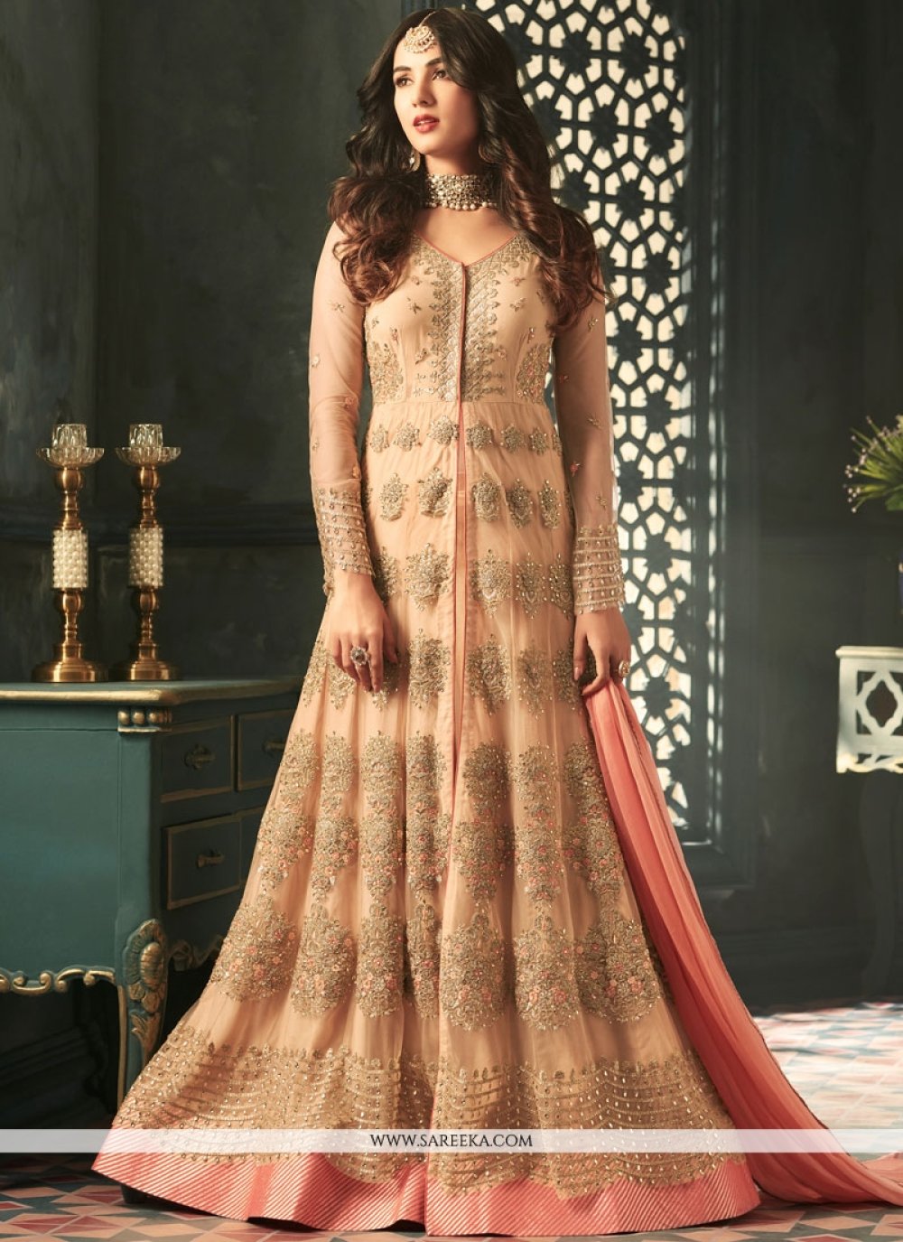 Buy Online Peach Long Choli Lehenga : 73245