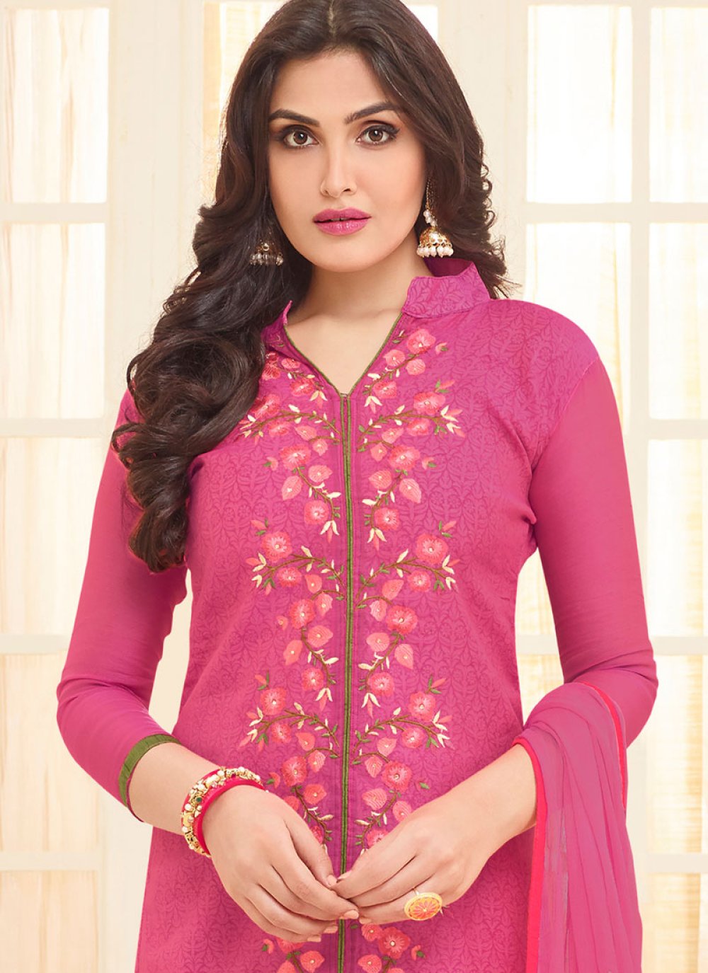 Buy Online Pink Embroidered Work Chanderi Churidar Suit : 72474