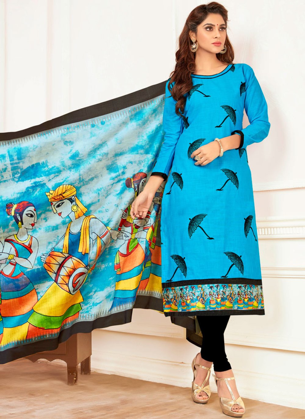 Buy Print Work Cotton Blue Churidar Suit : 77944
