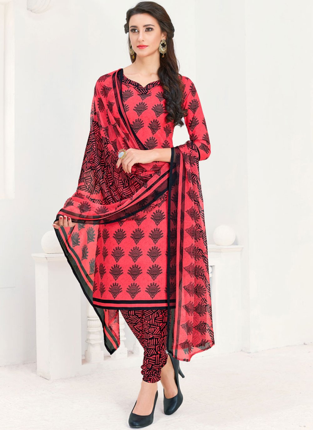 Buy Red Cotton Casual Churidar Suit : 91389