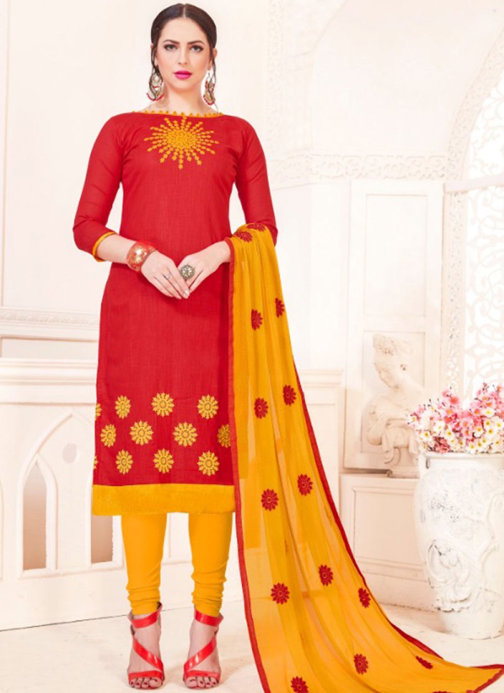 Buy Red Cotton Churidar Suit Online 96326 Salwar Kameez