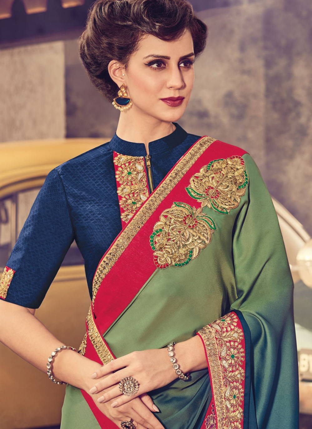 Buy Satin Blue and Green Shaded Saree Online : 74954