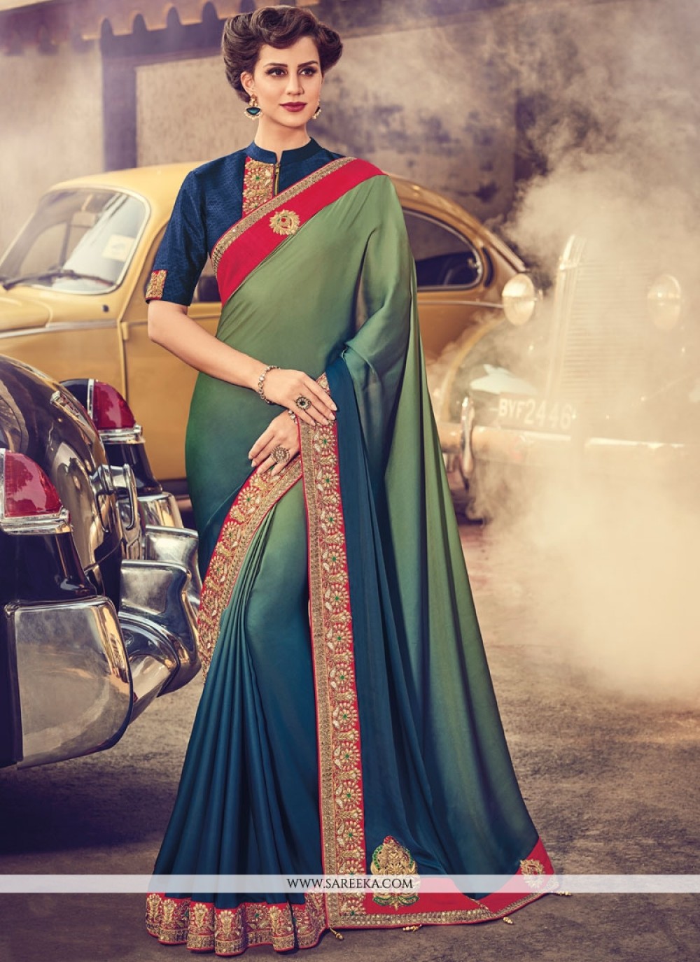 Buy Satin Blue and Green Shaded Saree Online : 74954