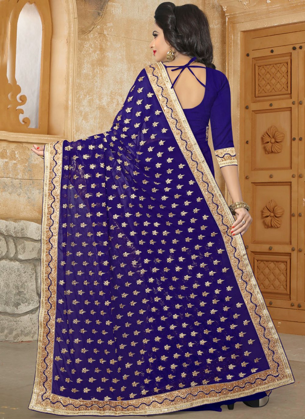 Shop Stone Work Blue Classic Saree Online : 74305