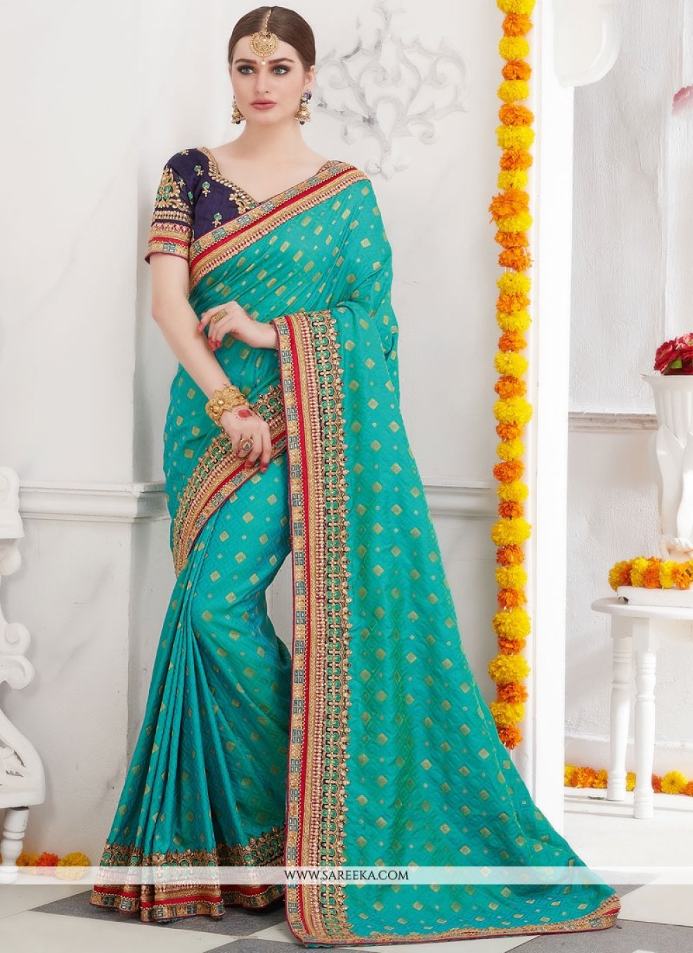 Turquoise Satin Silk Designer Traditional Saree buy online
