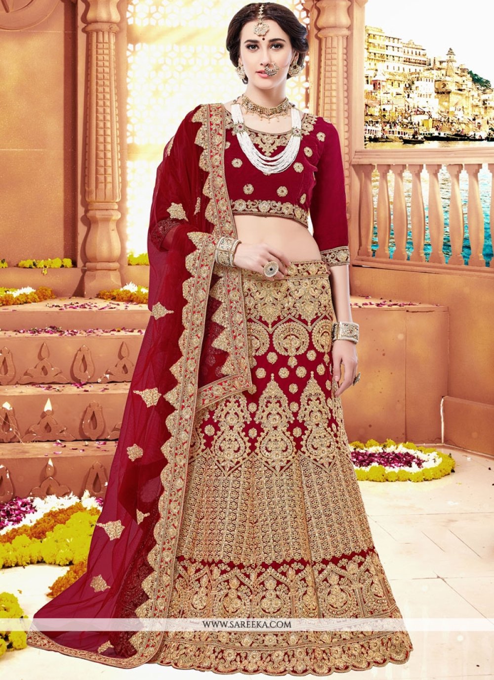 Buy Velvet Maroon Lehenga Choli Online : 71003