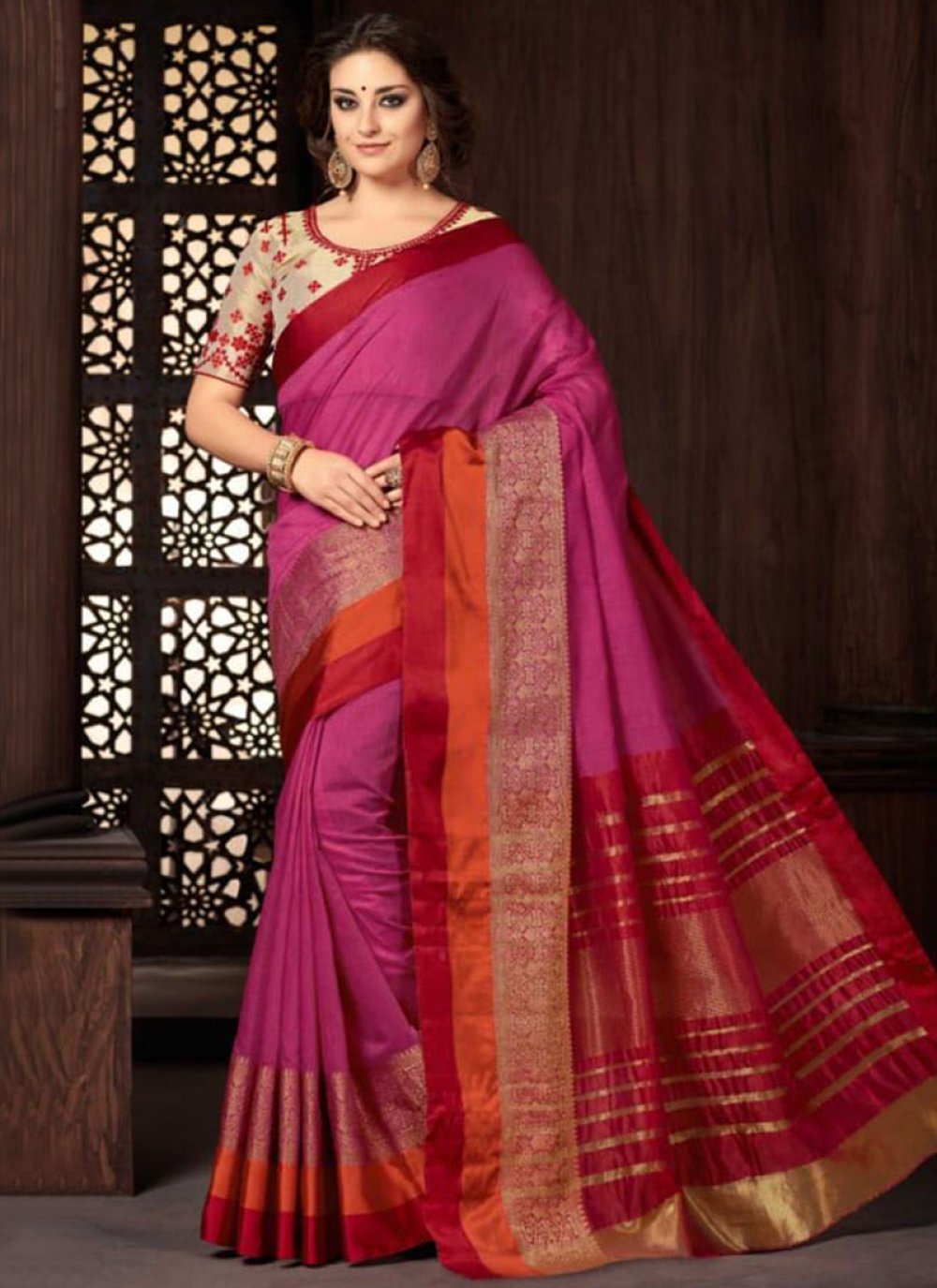 Buy woven Work Hot Pink Cotton Saree Online : 83651