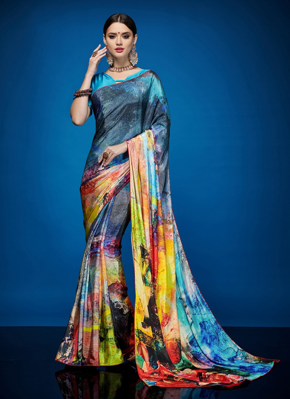 Buy Online Abstract Print Crepe Silk Casual Saree in Multi Colour ...